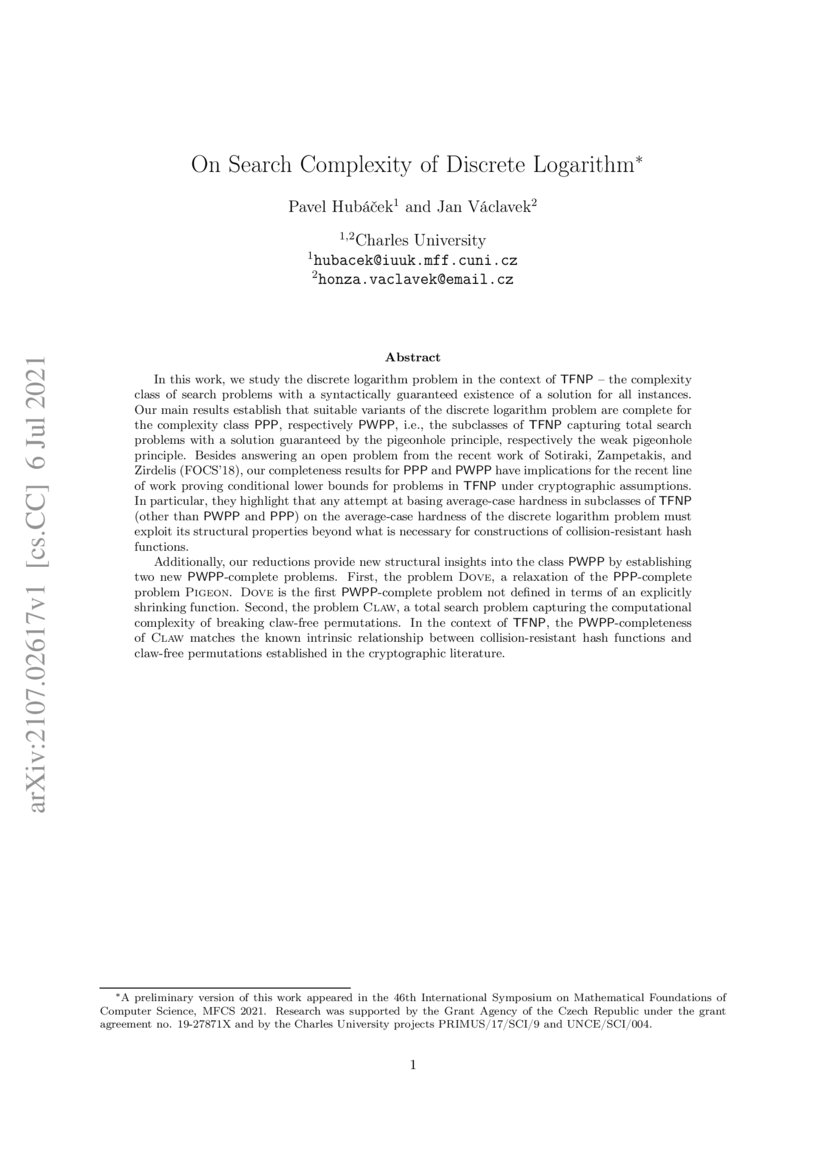 On Search Complexity of Discrete Logarithm | DeepAI