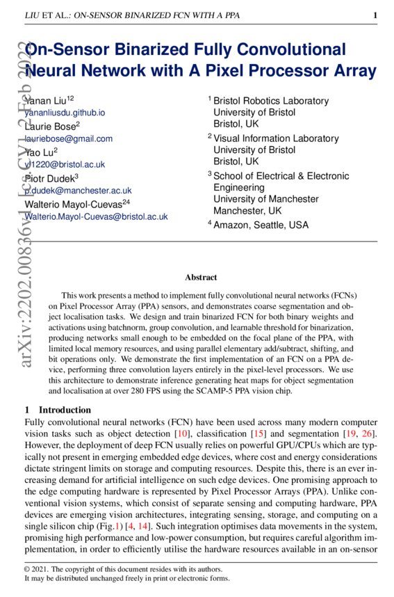 On Sensor Binarized Fully Convolutional Neural Network With A Pixel Processor Array Deepai 