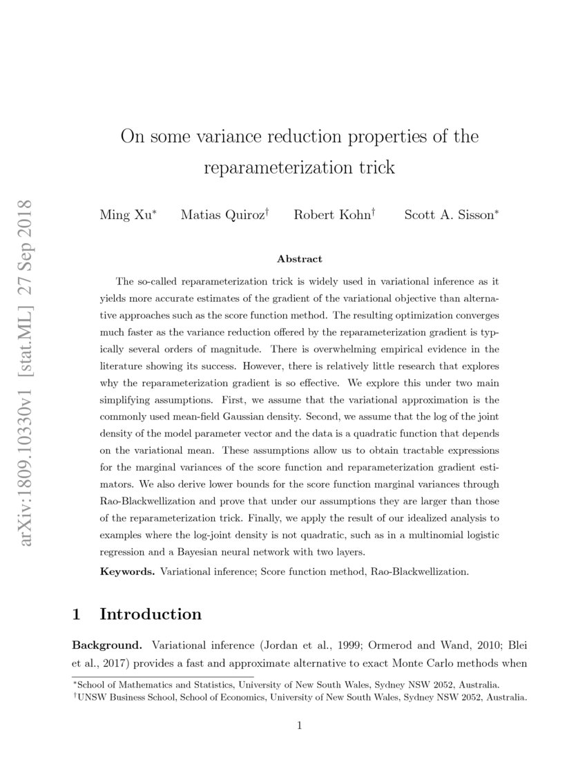 On some variance reduction properties of the reparameterization trick ...