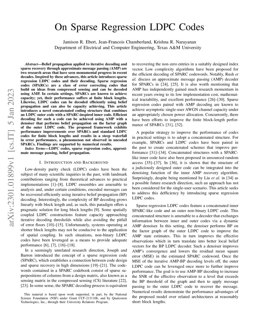On Sparse Regression Ldpc Codes Deepai 