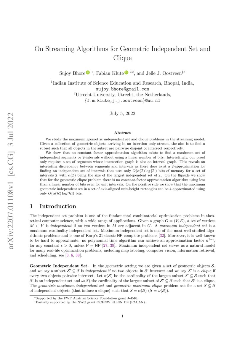 On Streaming Algorithms for Geometric Independent Set and Clique | DeepAI