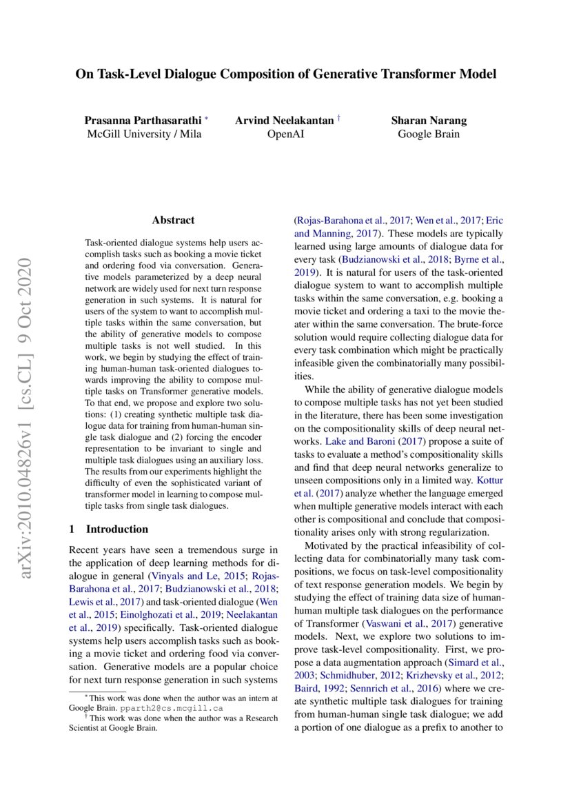 On Task Level Dialogue Composition Of Generative Transformer Model Deepai