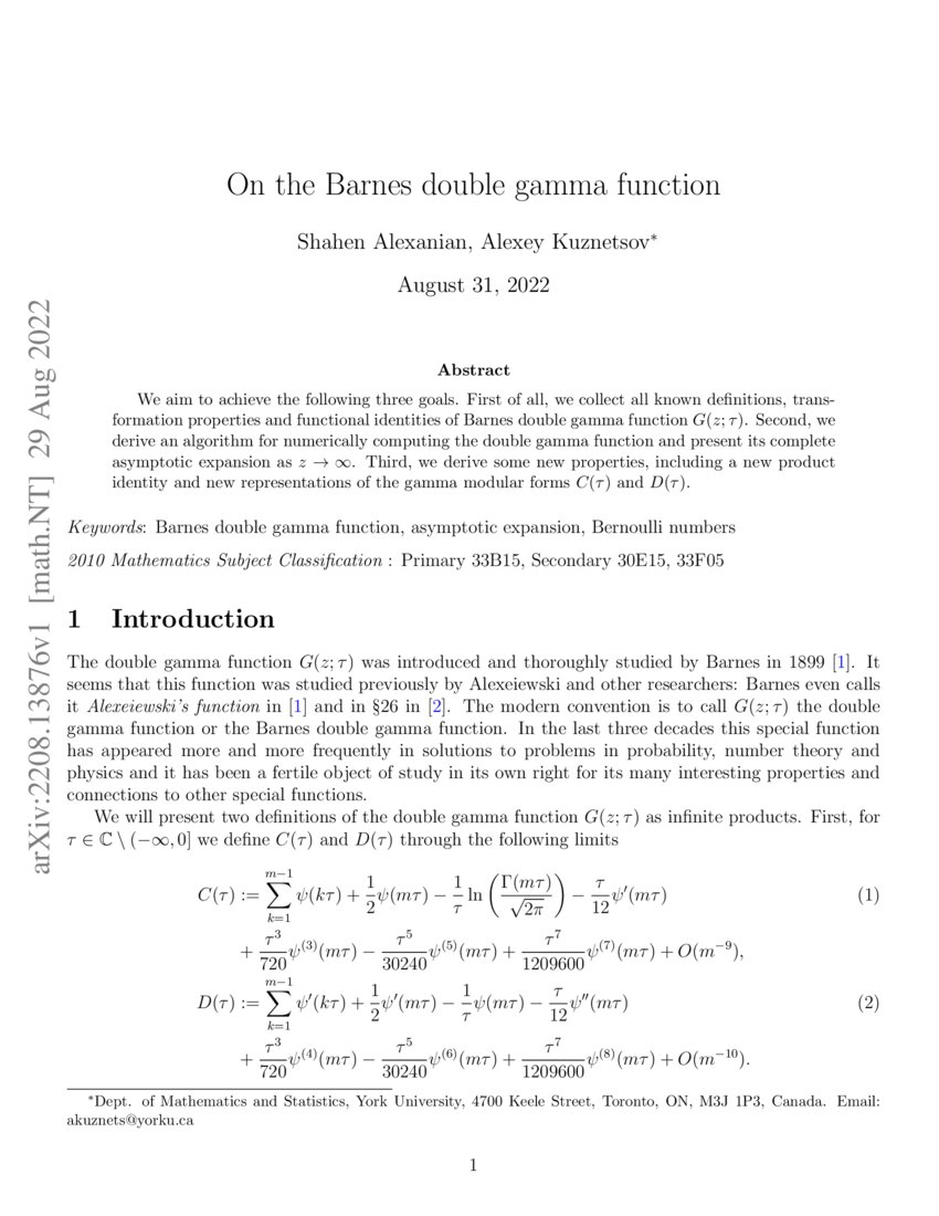On the Barnes double gamma function | DeepAI