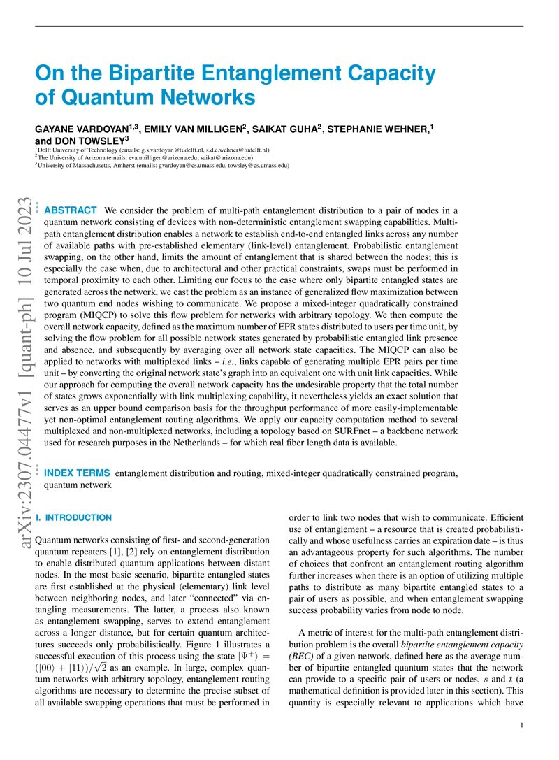 On the Bipartite Entanglement Capacity of Quantum Networks | DeepAI