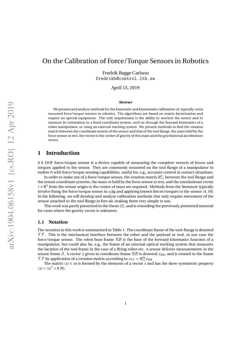 On the Calibration of Force/Torque Sensors in Robotics | DeepAI