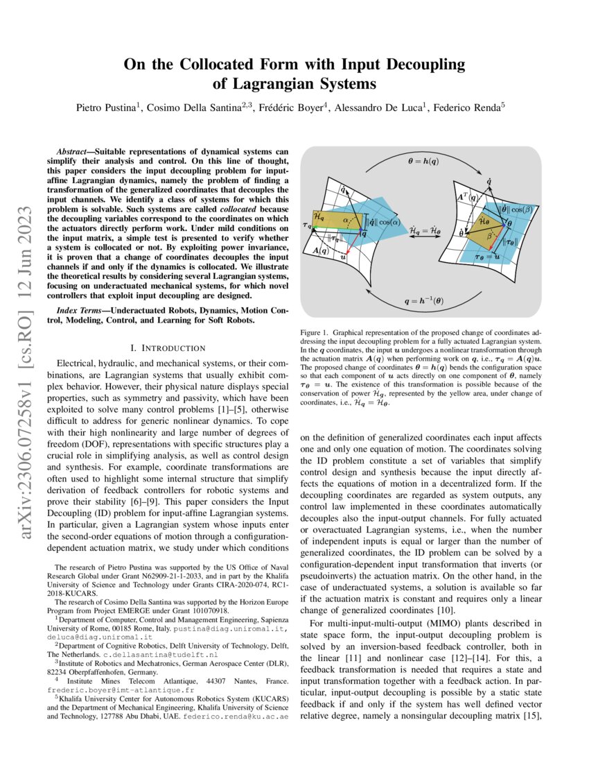 On the Collocated Form with Input Decoupling of Lagrangian Systems | DeepAI