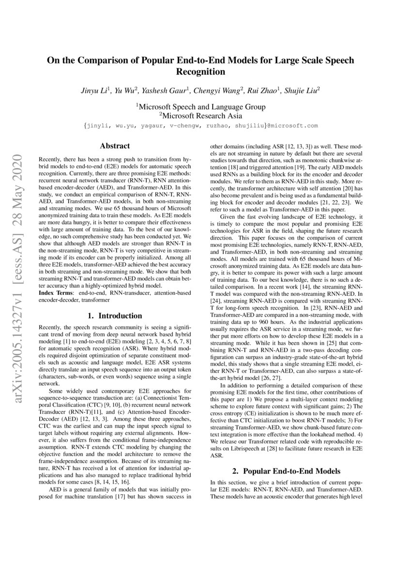On the Comparison of Popular End-to-End Models for Large Scale Speech Recognition | DeepAI