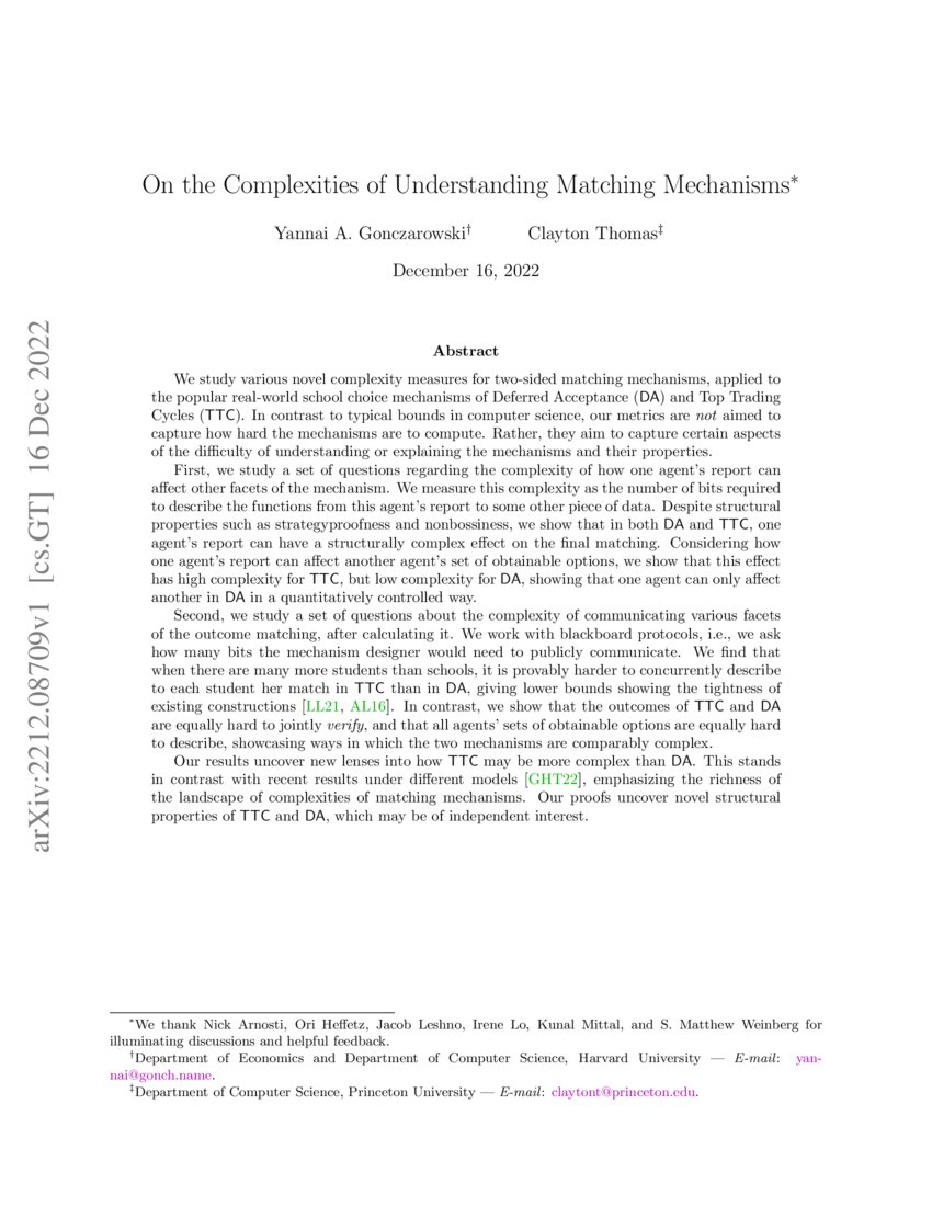 On the Complexities of Understanding Matching Mechanisms | DeepAI