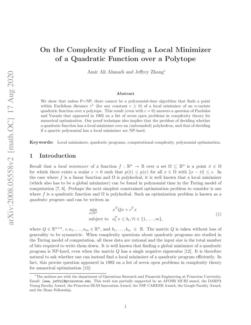 On the complexity of finding a local minimizer of a quadratic function over a polytope | DeepAI