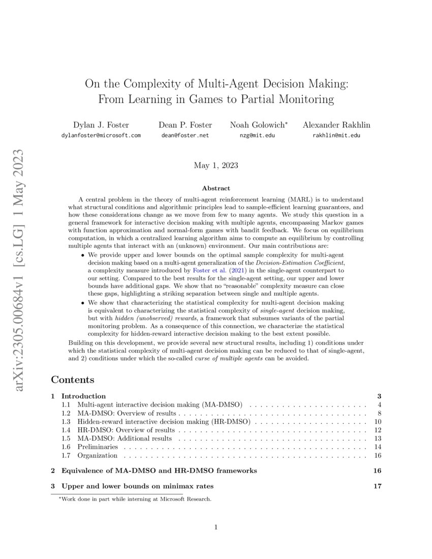On The Complexity Of Multi Agent Decision Making From Learning In Games To Partial Monitoring 0136