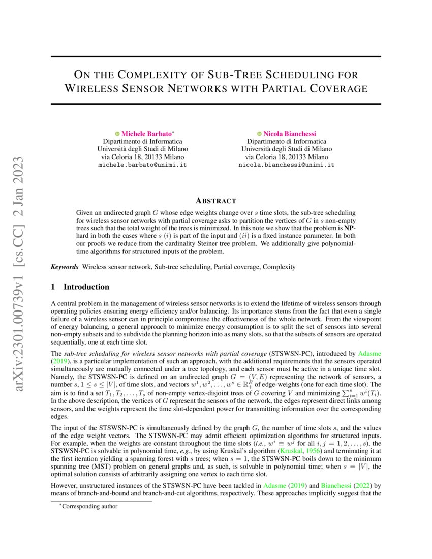 On The Complexity Of Sub Tree Scheduling For Wireless Sensor Networks With Partial Coverage Deepai