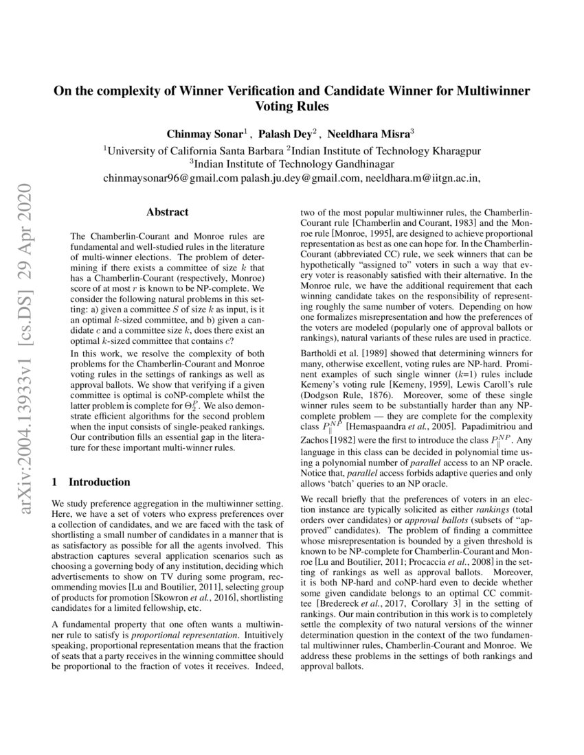 On the complexity of Winner Verification and Candidate Winner for Multiwinner Voting Rules | DeepAI