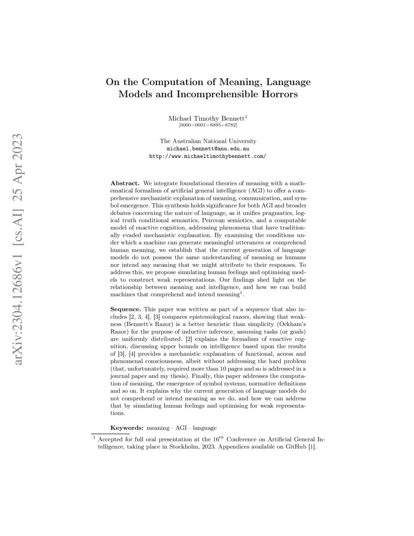 On the Computation of Meaning, Language Models and Incomprehensible Horrors | DeepAI