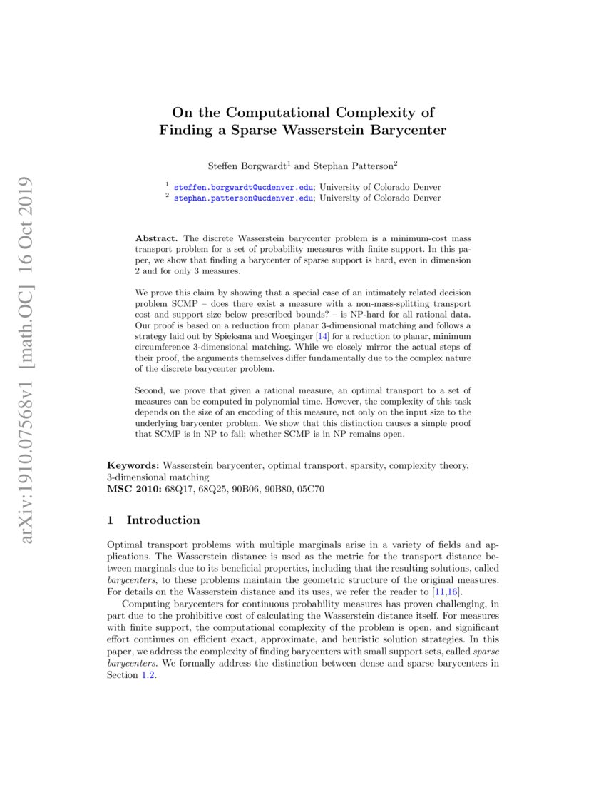On The Computational Complexity Of Finding A Sparse Wasserstein Barycenter Deepai 3345