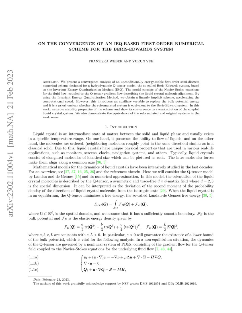 On the Convergence of an IEQ-based first-order Numerical Scheme for the Beris-Edwards System ...