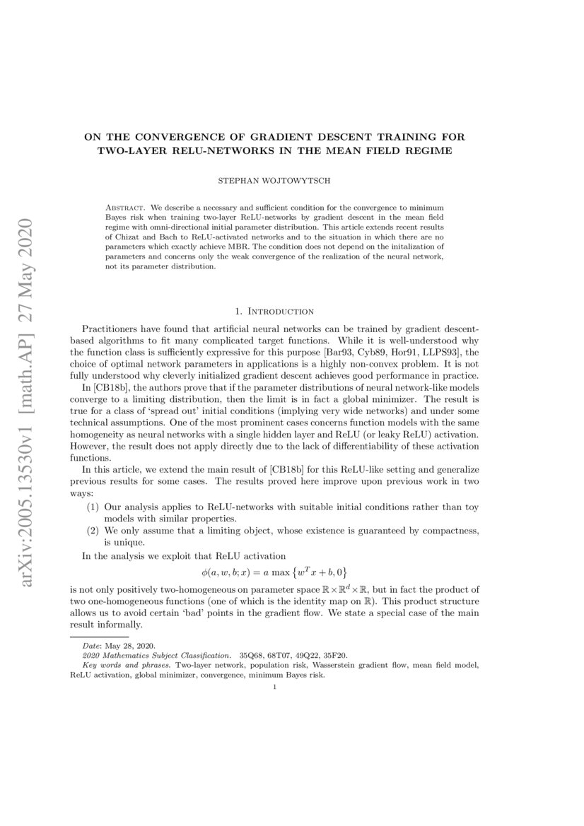 On the Convergence of Gradient Descent Training for Two-layer ReLU-networks in the Mean Field ...