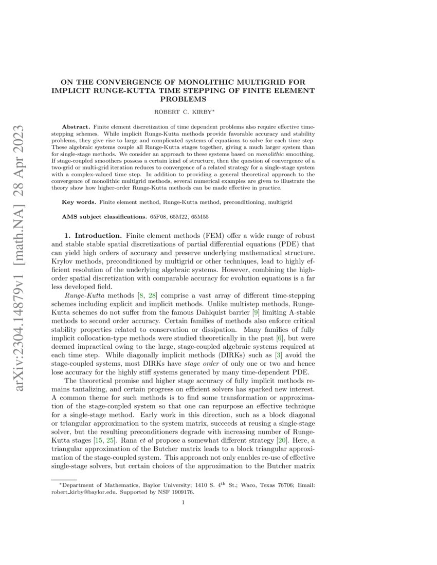 On The Convergence Of Monolithic Multigrid For Implicit Runge Kutta Time Stepping Of Finite 5922
