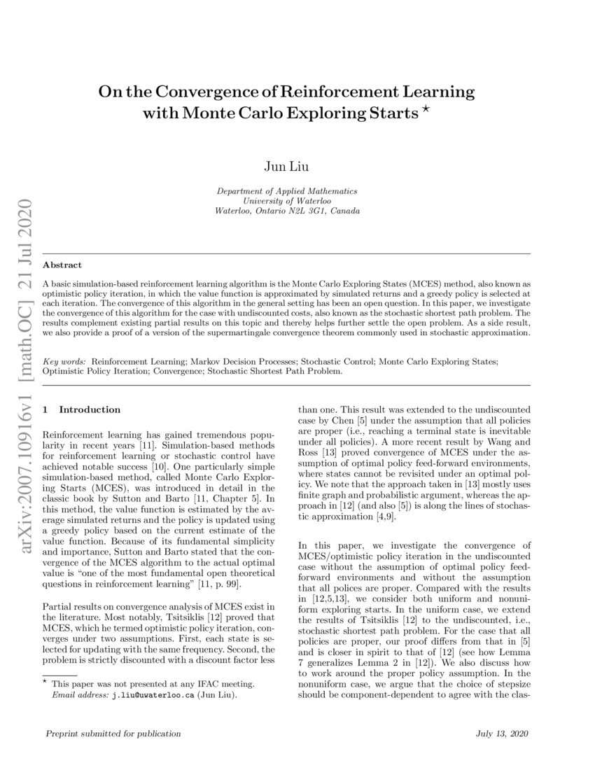 On the Convergence of Reinforcement Learning with Monte Carlo Exploring ...