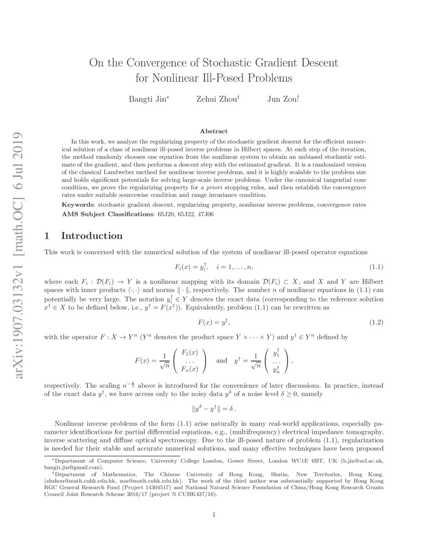 On The Convergence Of Stochastic Gradient Descent For Nonlinear Ill Posed Problems Deepai