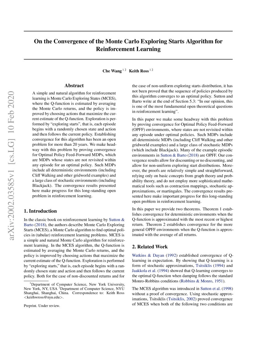 On The Convergence Of The Monte Carlo Exploring Starts Algorithm For