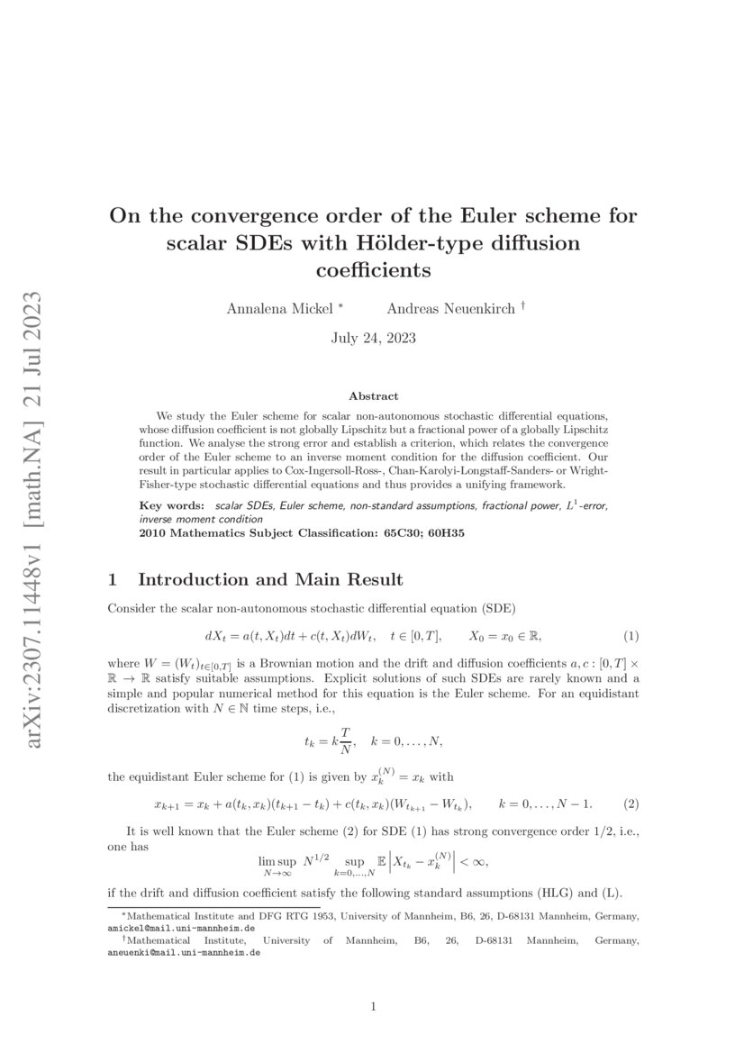 On the convergence order of the Euler scheme for scalar SDEs with Hölder-type diffusion ...