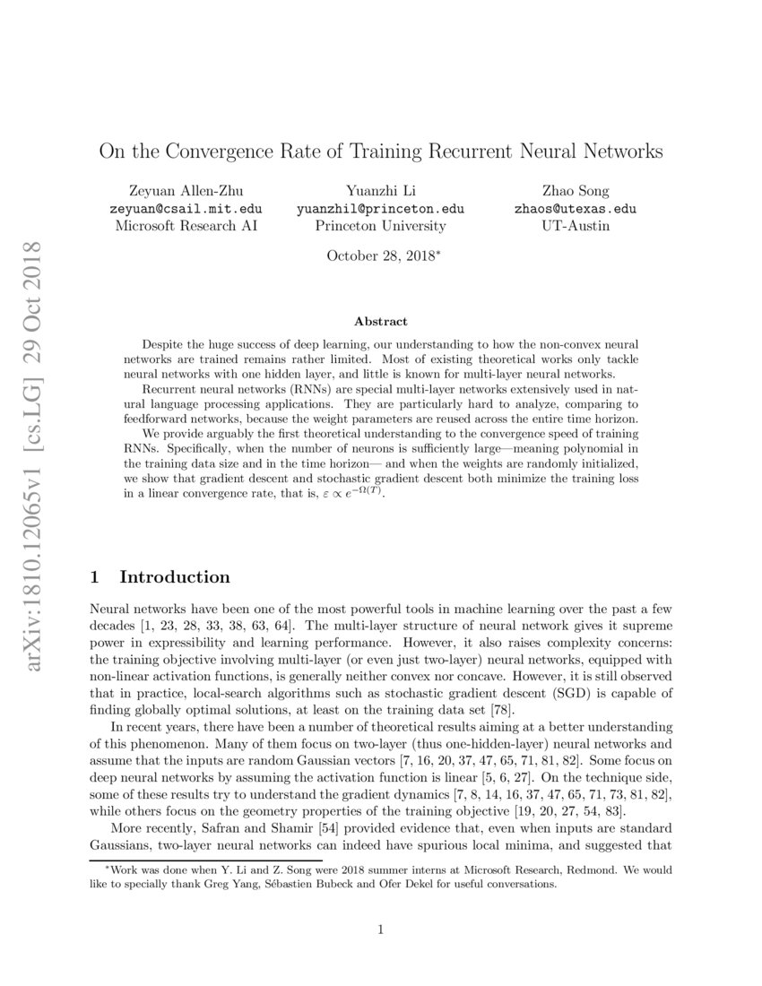 On the Convergence Rate of Training Recurrent Neural Networks | DeepAI