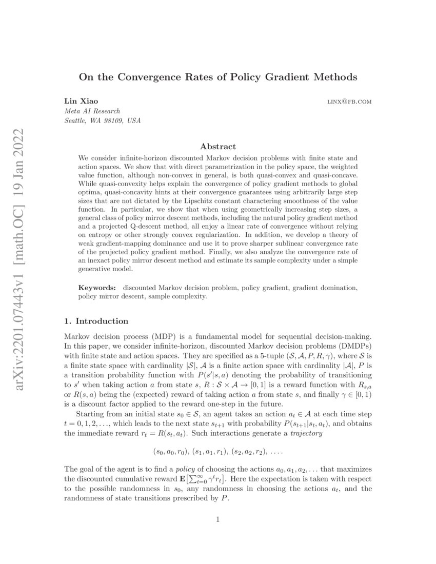 On the Convergence Rates of Policy Gradient Methods | DeepAI On the Convergence Rates of Policy Gradient Methods | DeepAI