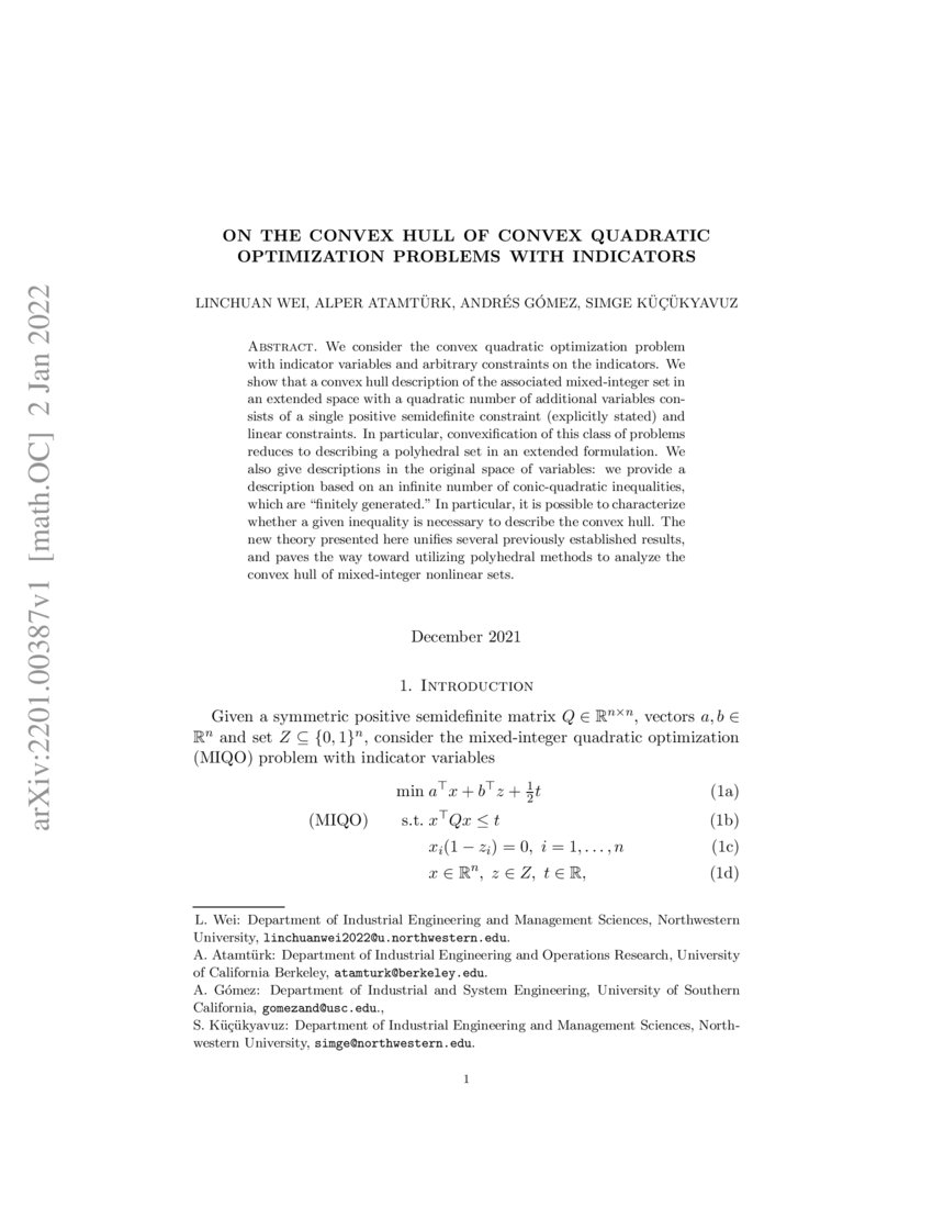 On The Convex Hull Of Convex Quadratic Optimization Problems With Indicators Deepai 