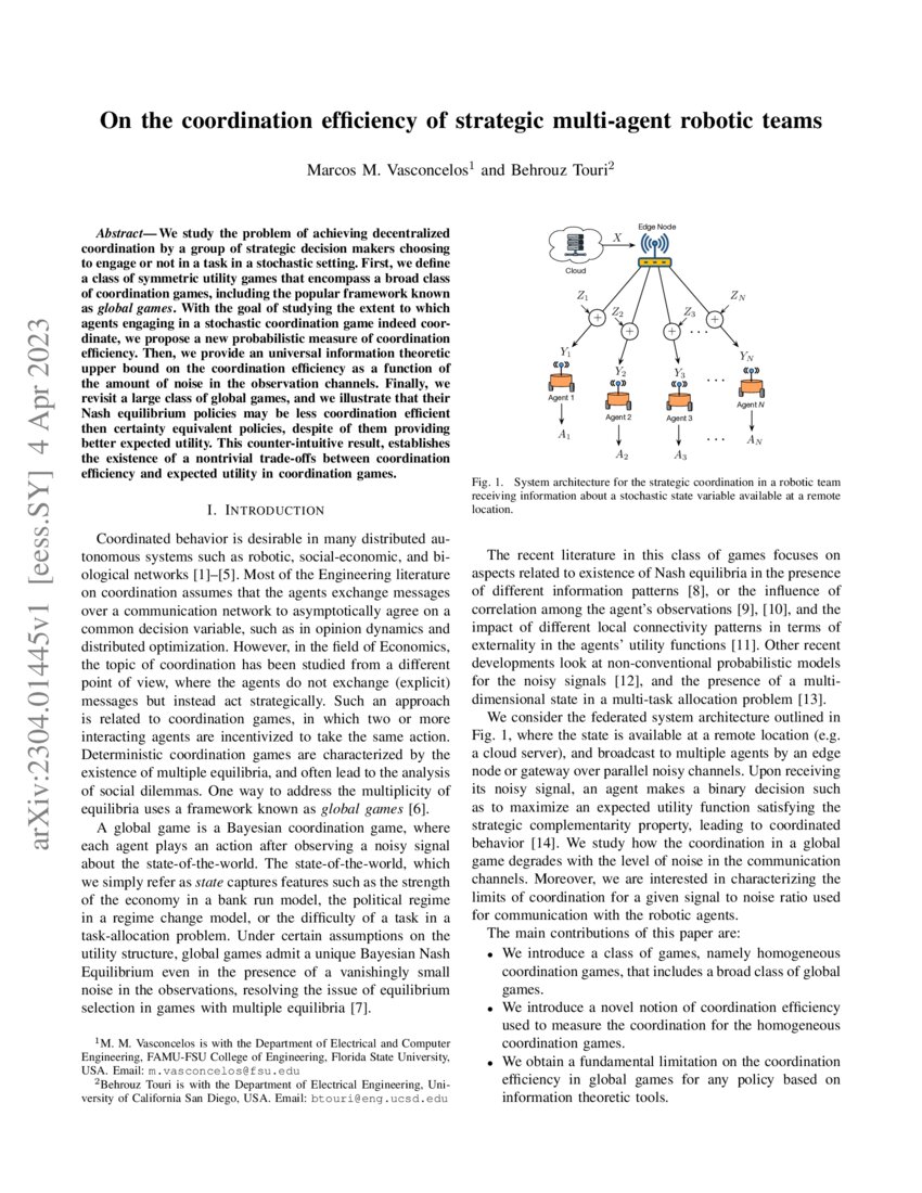 On The Coordination Efficiency Of Strategic Multi Agent Robotic Teams Deepai
