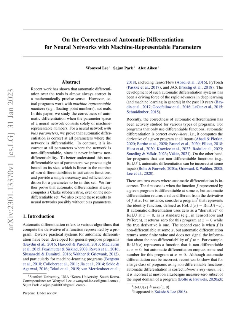 On The Correctness Of Automatic Differentiation For Neural Networks With Machine Representable