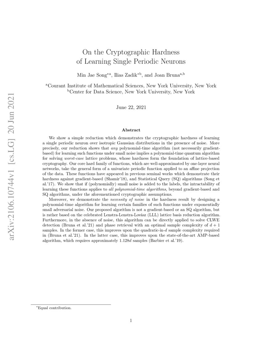 On the Cryptographic Hardness of Learning Single Periodic Neurons | DeepAI