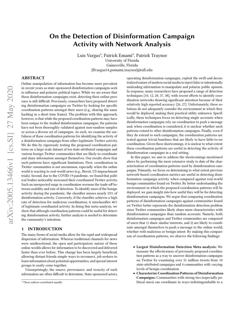 On the Detection of Disinformation Campaign Activity with Network ...