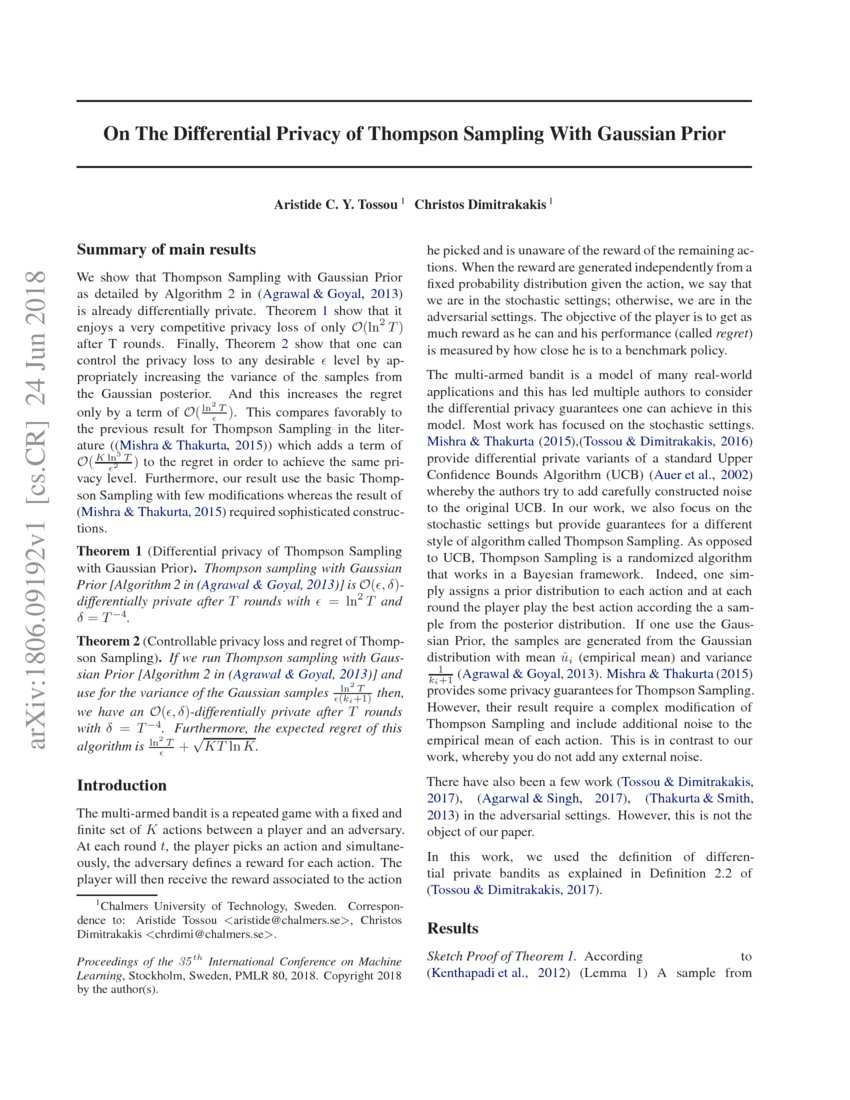 On The Differential Privacy of Thompson Sampling With Gaussian Prior ...