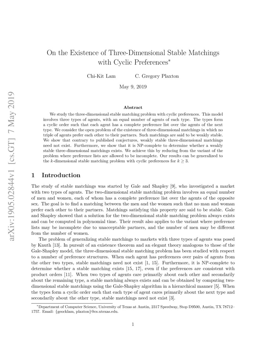 On the Existence of Three-Dimensional Stable Matchings with Cyclic Preferences | DeepAI