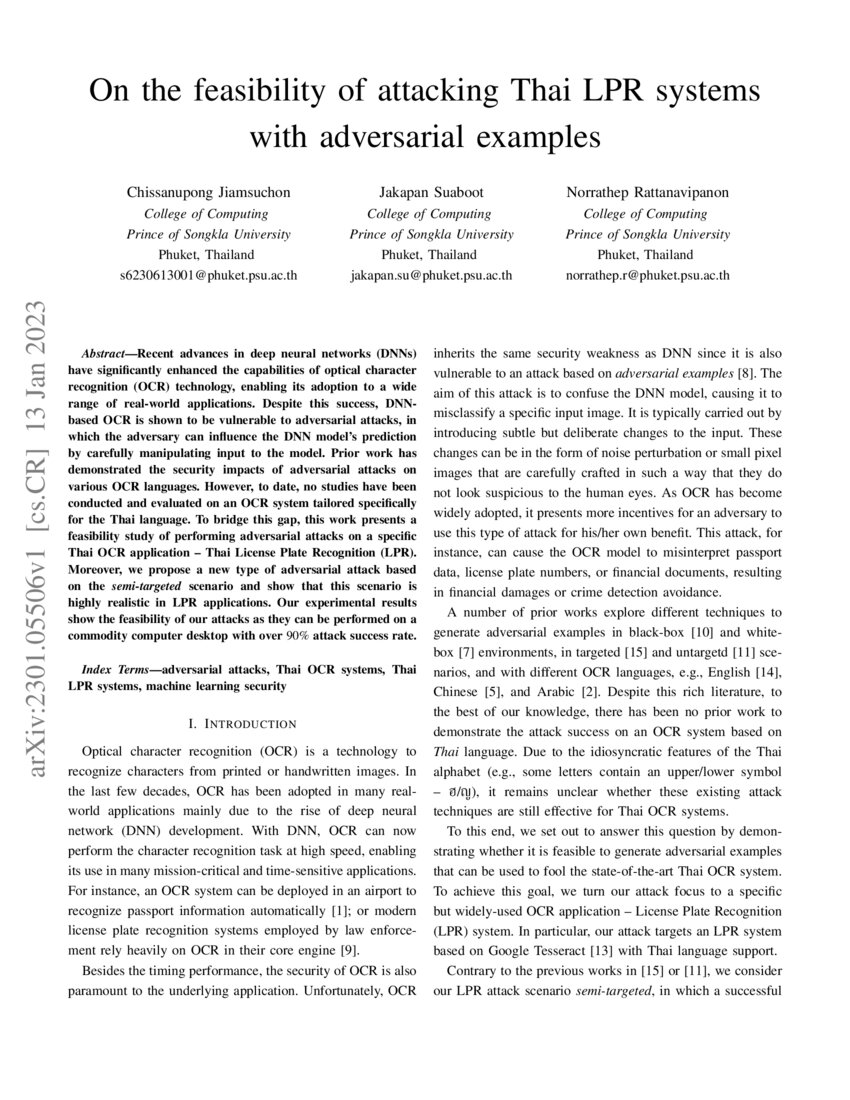 On the feasibility of attacking Thai LPR systems with adversarial ...