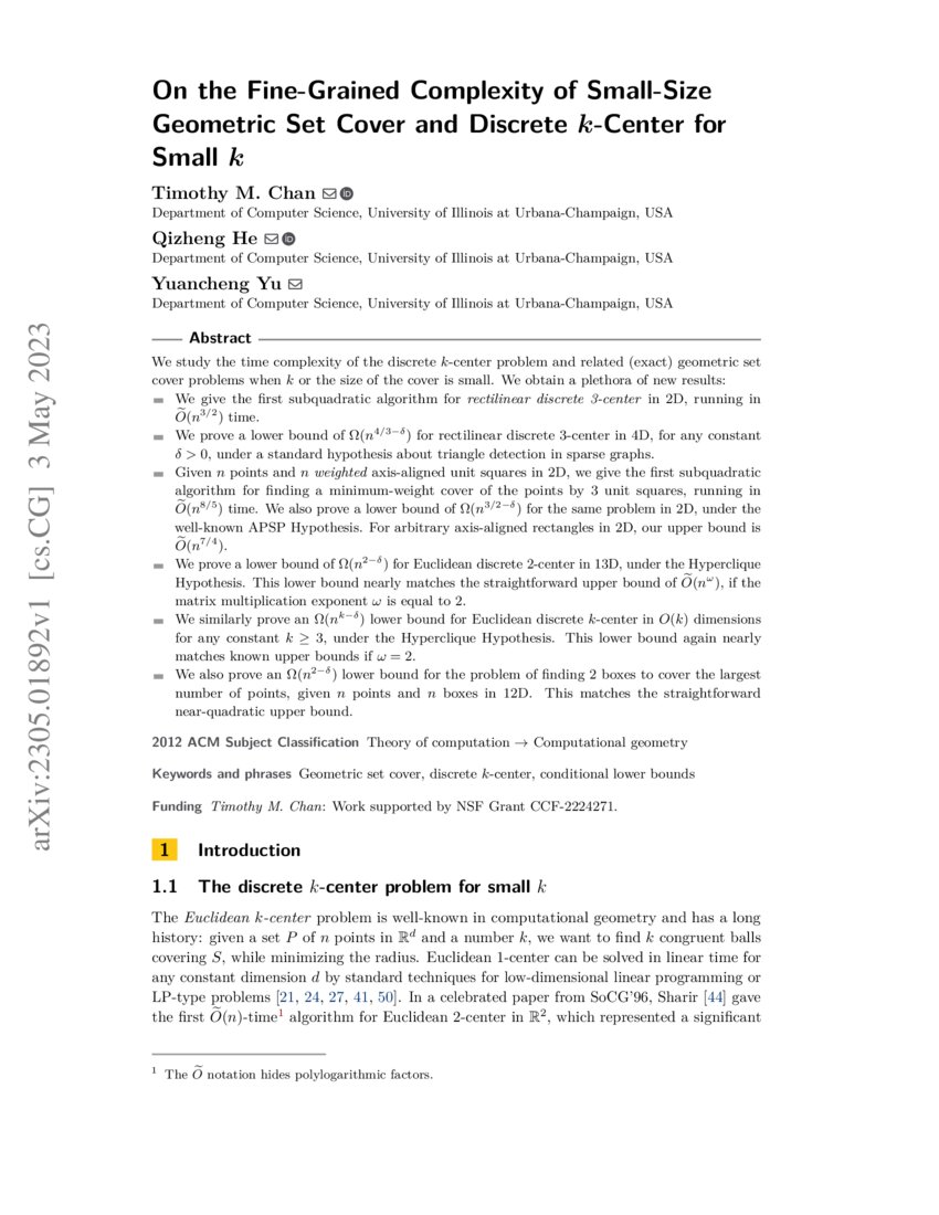 On the Fine-Grained Complexity of Small-Size Geometric Set Cover and Discrete k-Center for Small ...