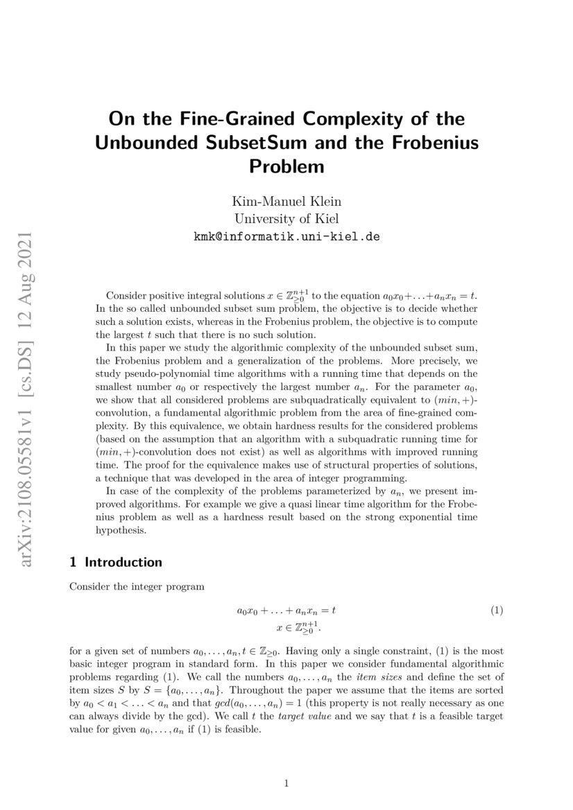 On the Fine-Grained Complexity of the Unbounded SubsetSum and the Frobenius Problem | DeepAI