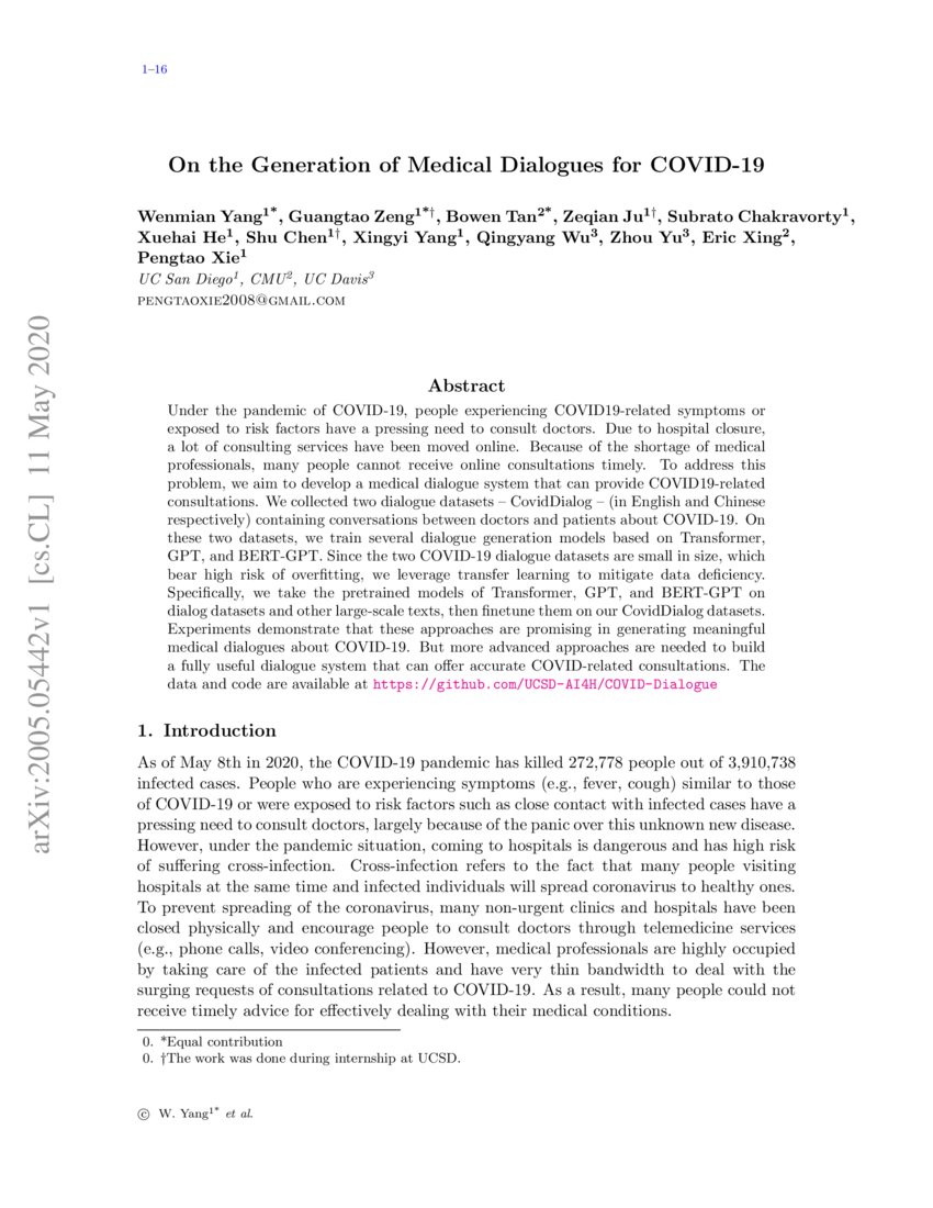 On the Generation of Medical Dialogues for COVID-19 | DeepAI