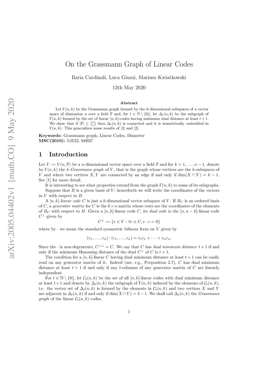 On the Grassmann Graph of Linear Codes | DeepAI