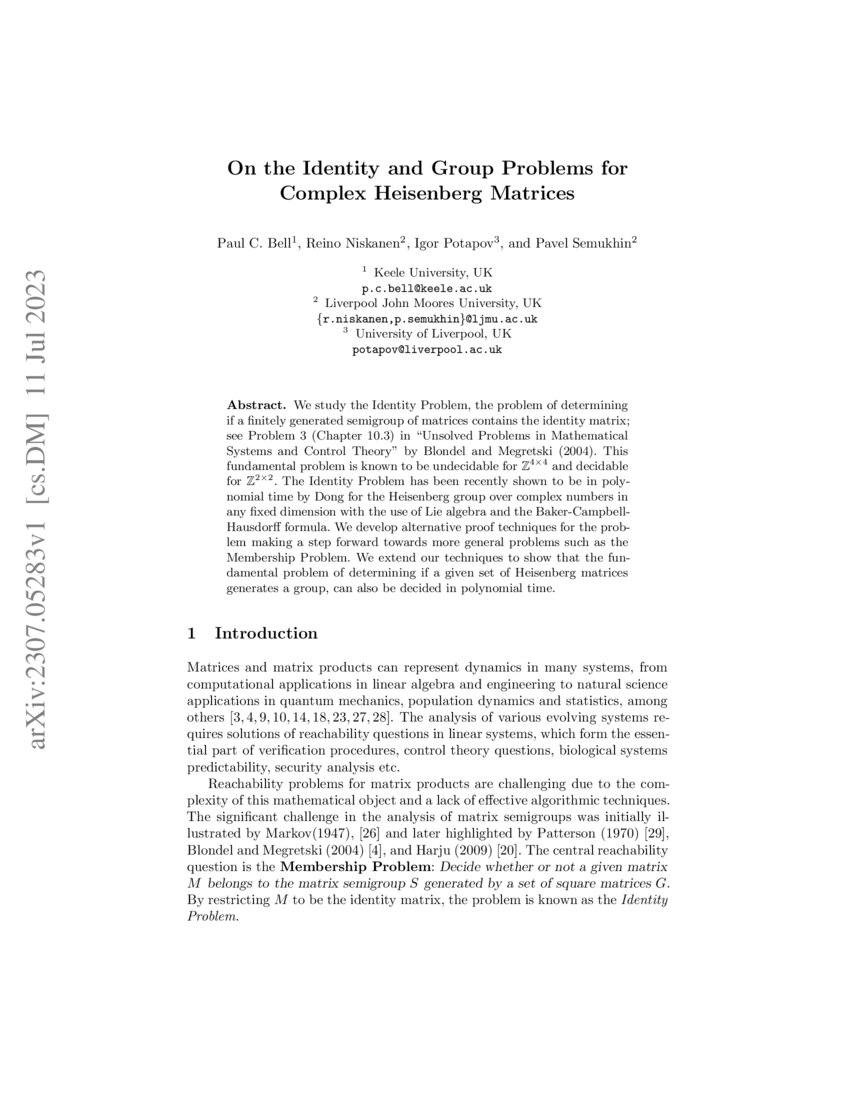 On the Identity and Group Problems for Complex Heisenberg Matrices | DeepAI