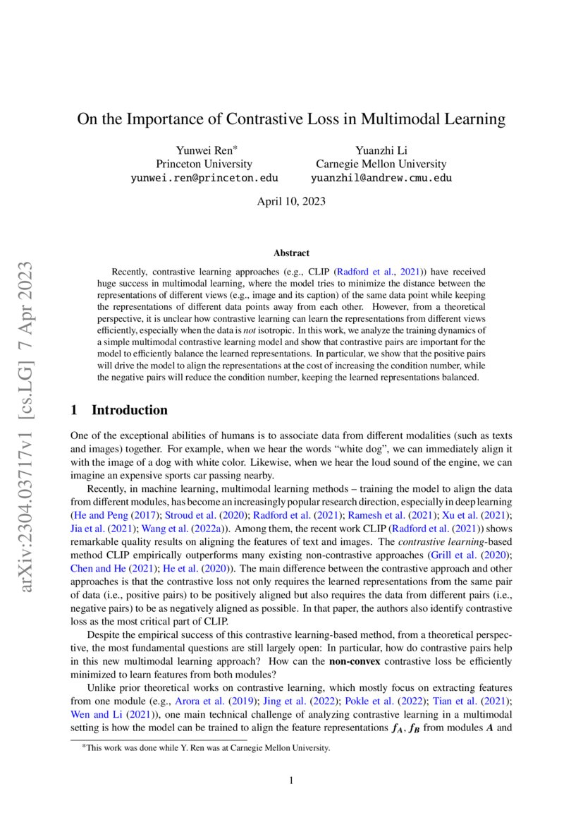 On the Importance of Contrastive Loss in Multimodal Learning | DeepAI On the Importance of Contrastive Loss in Multimodal Learning | DeepAI
