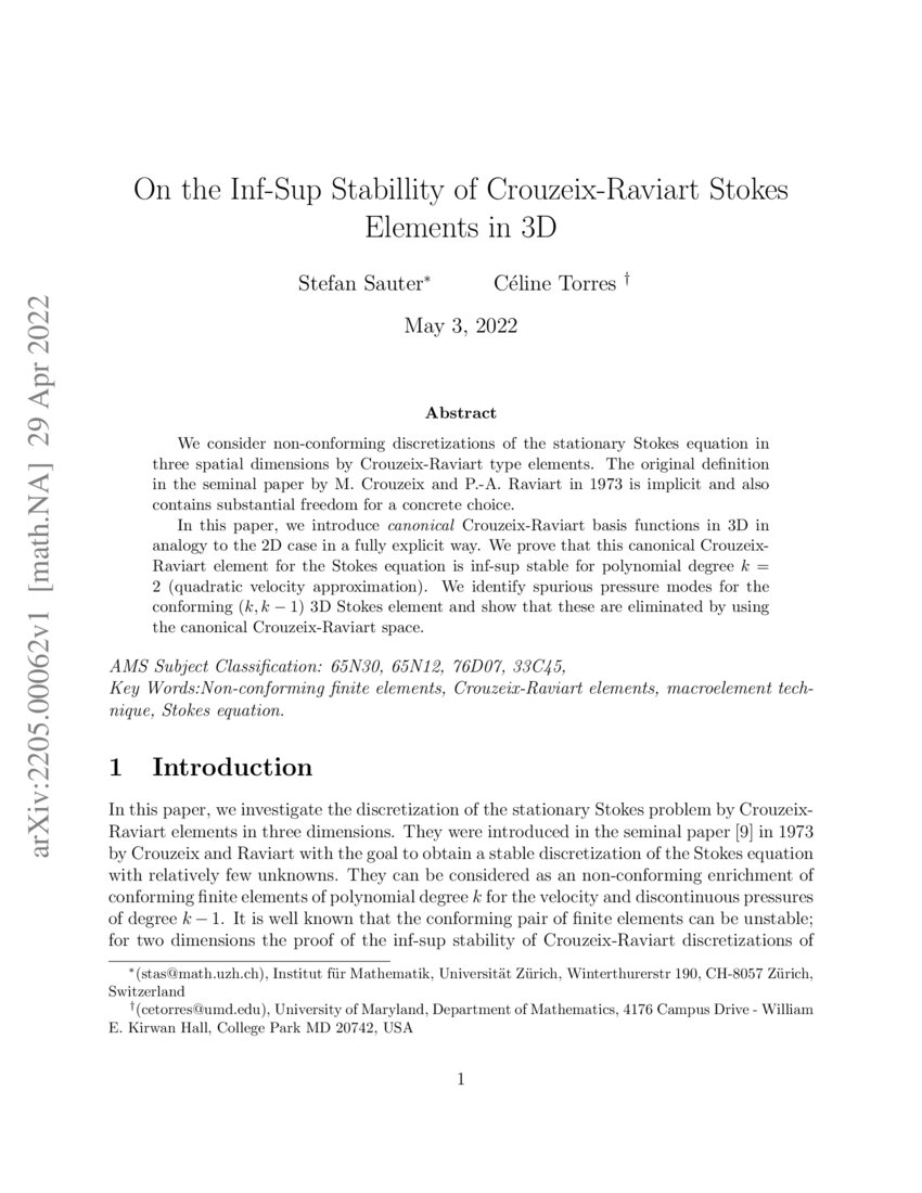 On the Inf-Sup Stabillity of Crouzeix-Raviart Stokes Elements in 3D | DeepAI