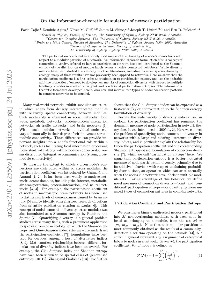 On the information-theoretic formulation of network participation | DeepAI