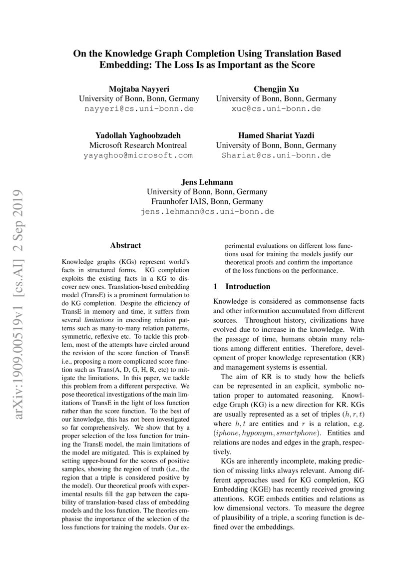 On The Knowledge Graph Completion Using Translation Based Embedding The Loss Is As Important As