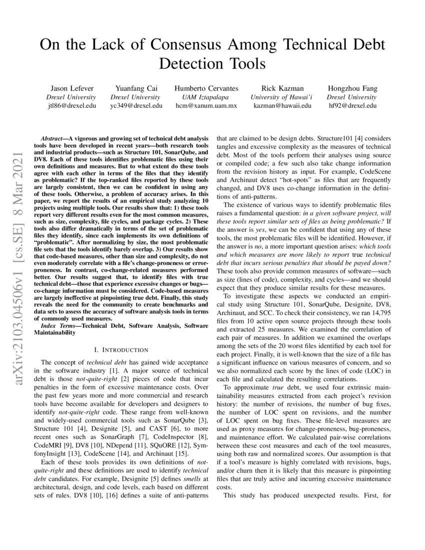 On The Lack Of Consensus Among Technical Debt Detection Tools Deepai