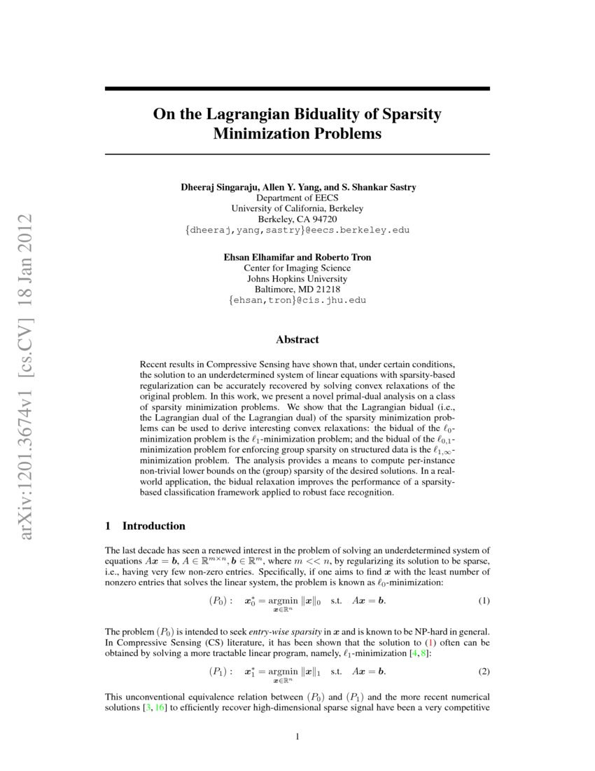 On the Lagrangian Biduality of Sparsity Minimization Problems | DeepAI