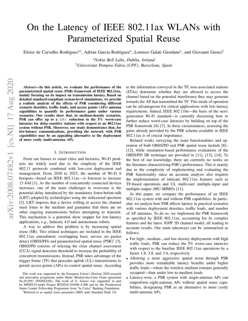 On the Latency of IEEE 802.11ax WLANs with Parameterized Spatial Reuse ...