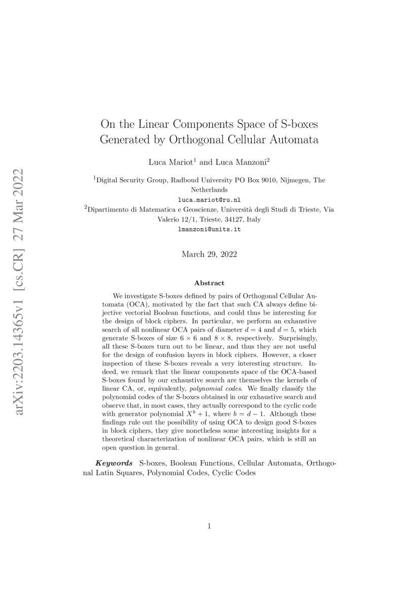 On the Linear Components Space of S-boxes Generated by Orthogonal Cellular Automata | DeepAI