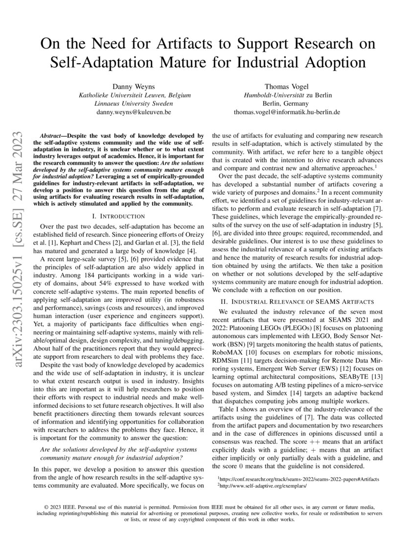 On the Need for Artifacts to Support Research on Self-Adaptation Mature ...