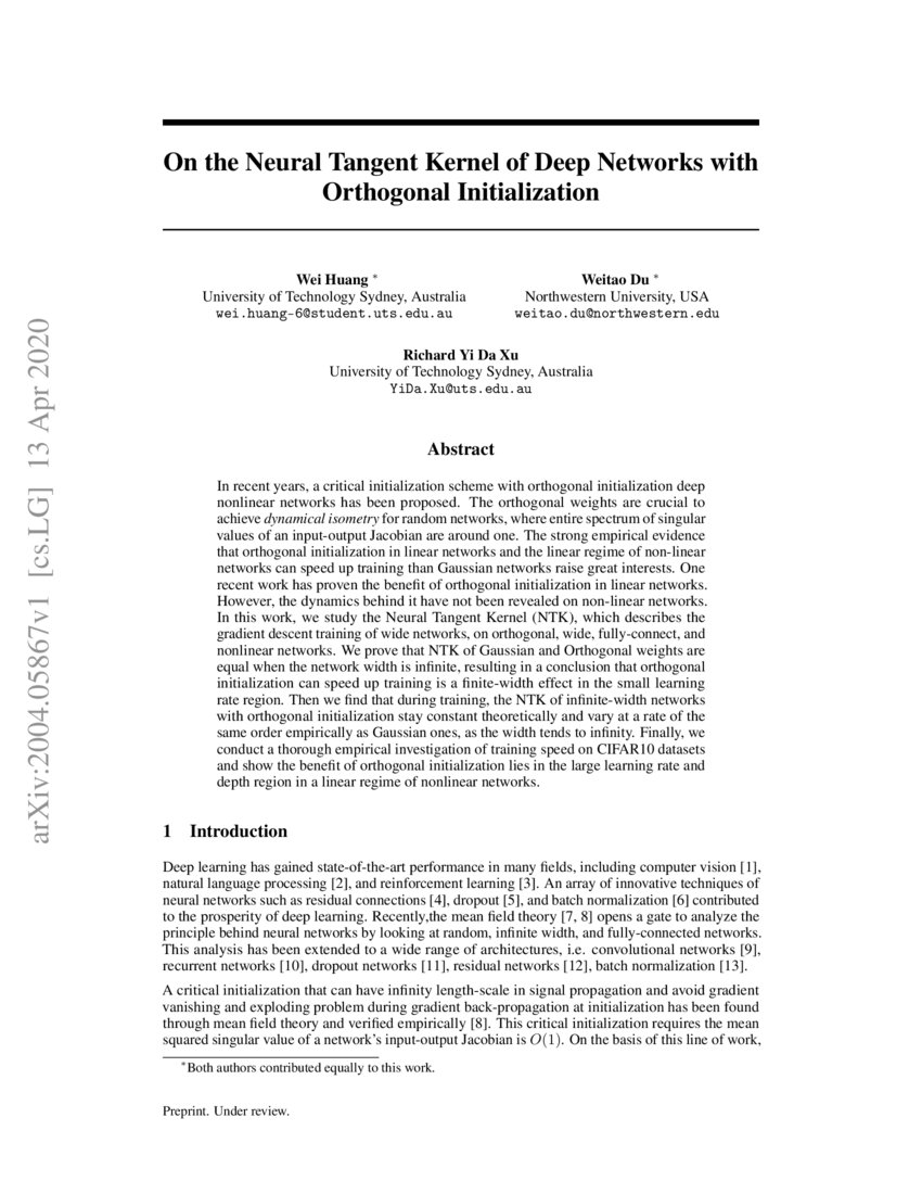 On the Neural Tangent Kernel of Deep Networks with Orthogonal Initialization | DeepAI